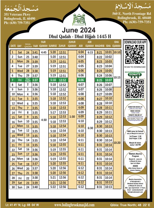 Monthly Calendar | Muslim Association of Bolingbrook